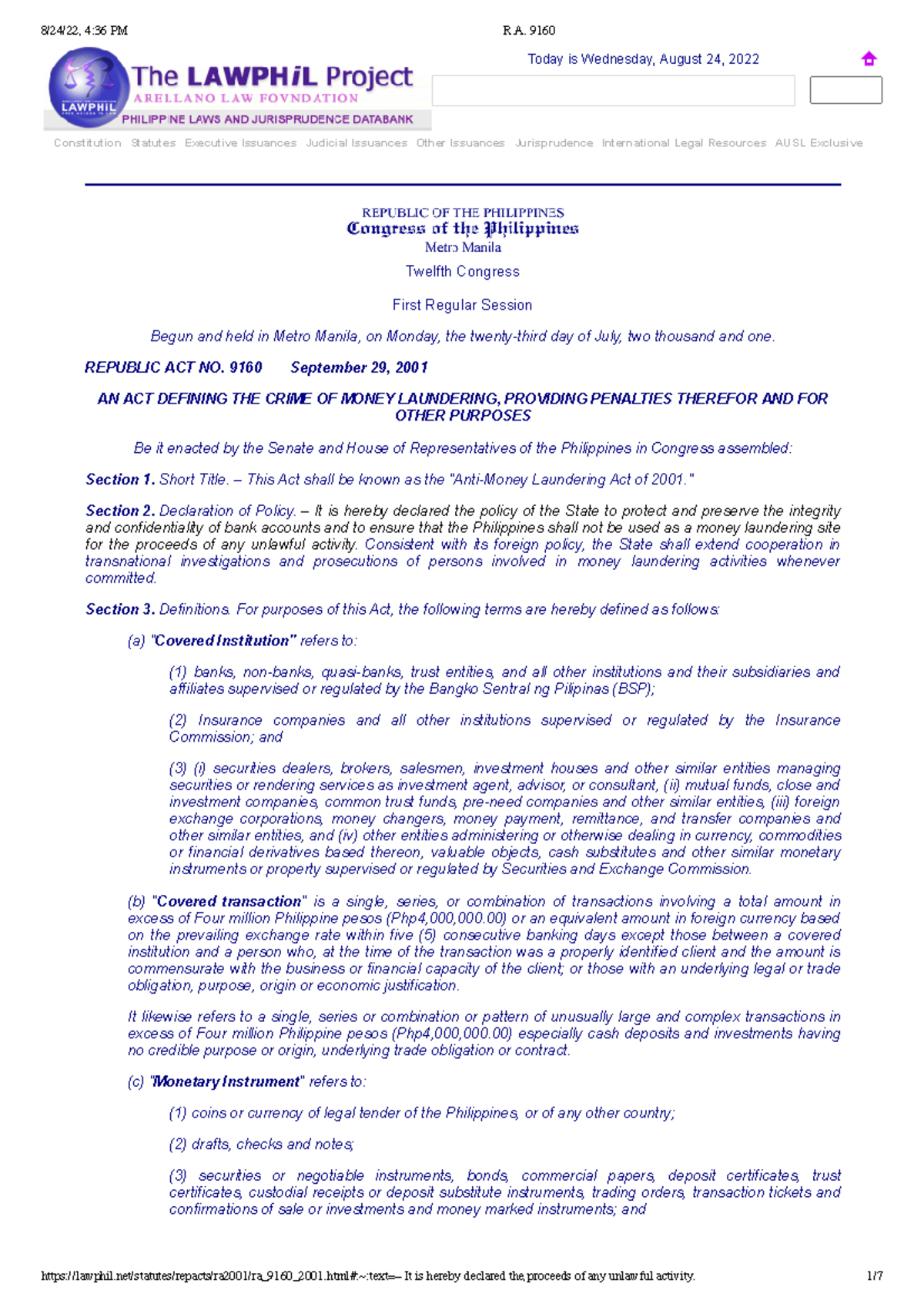 R.A. 9160 - This is a sample sheets of the law only - Constitution ...