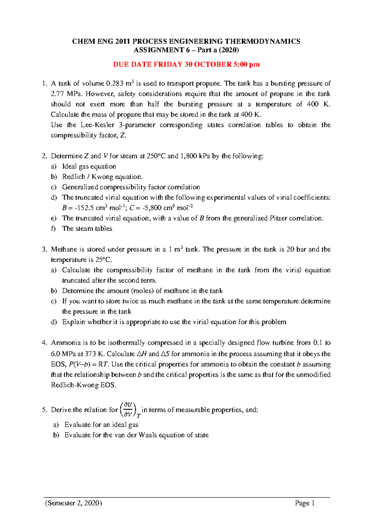 Thermo Tut#6a 2020 - Tutorial Questions - (Semester 2, 2020) Page 1 ...