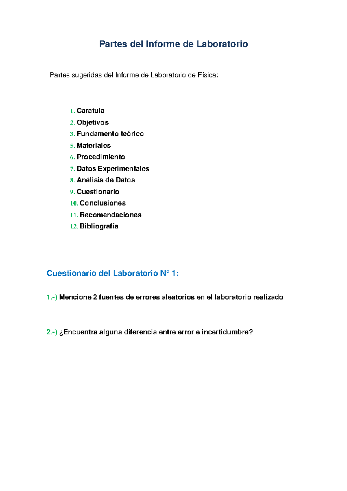 Partes del Informe de Laboratorio y Cuestionario - Partes del Informe ...