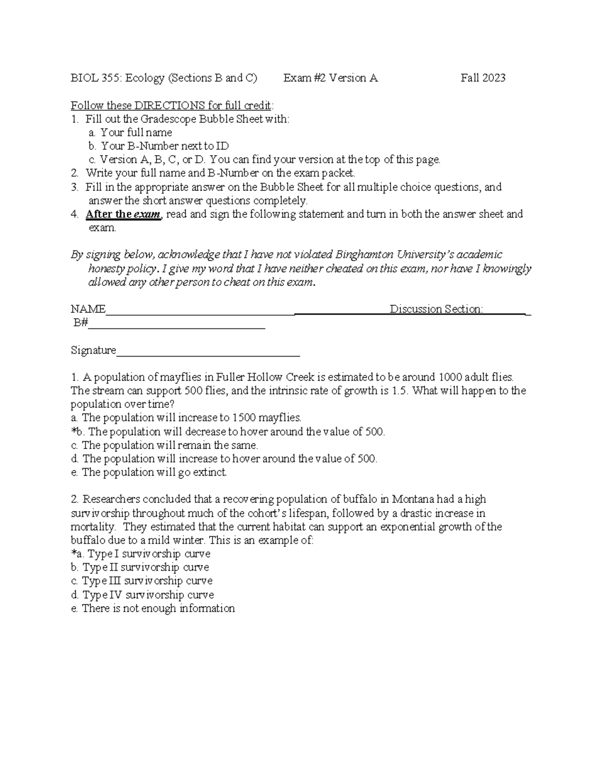 Exam #2A Key - Exam 2 key - BIOL 355: Ecology (Sections B and C) Exam ...