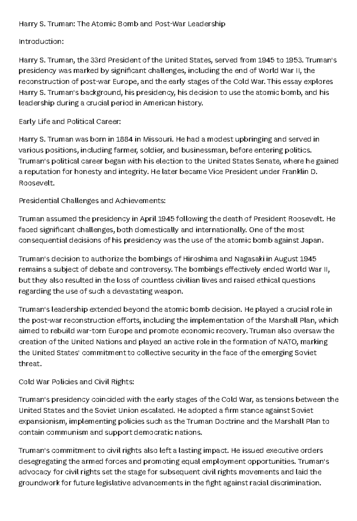 Harry S. Truman The Atomic Bomb and Post-War Leadership - Harry S ...