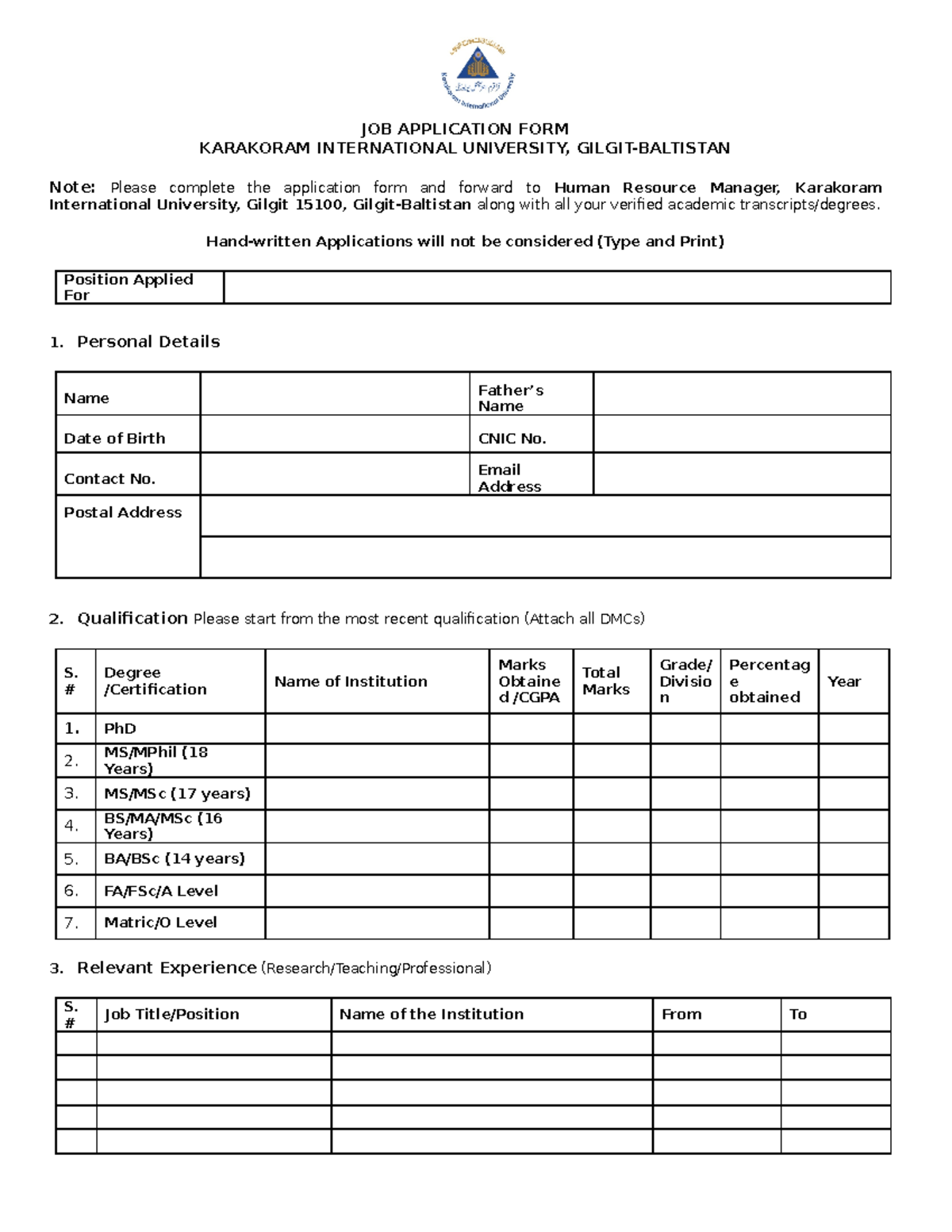 Job-application-form - JOB APPLICATION FORM KARAKORAM INTERNATIONAL ...