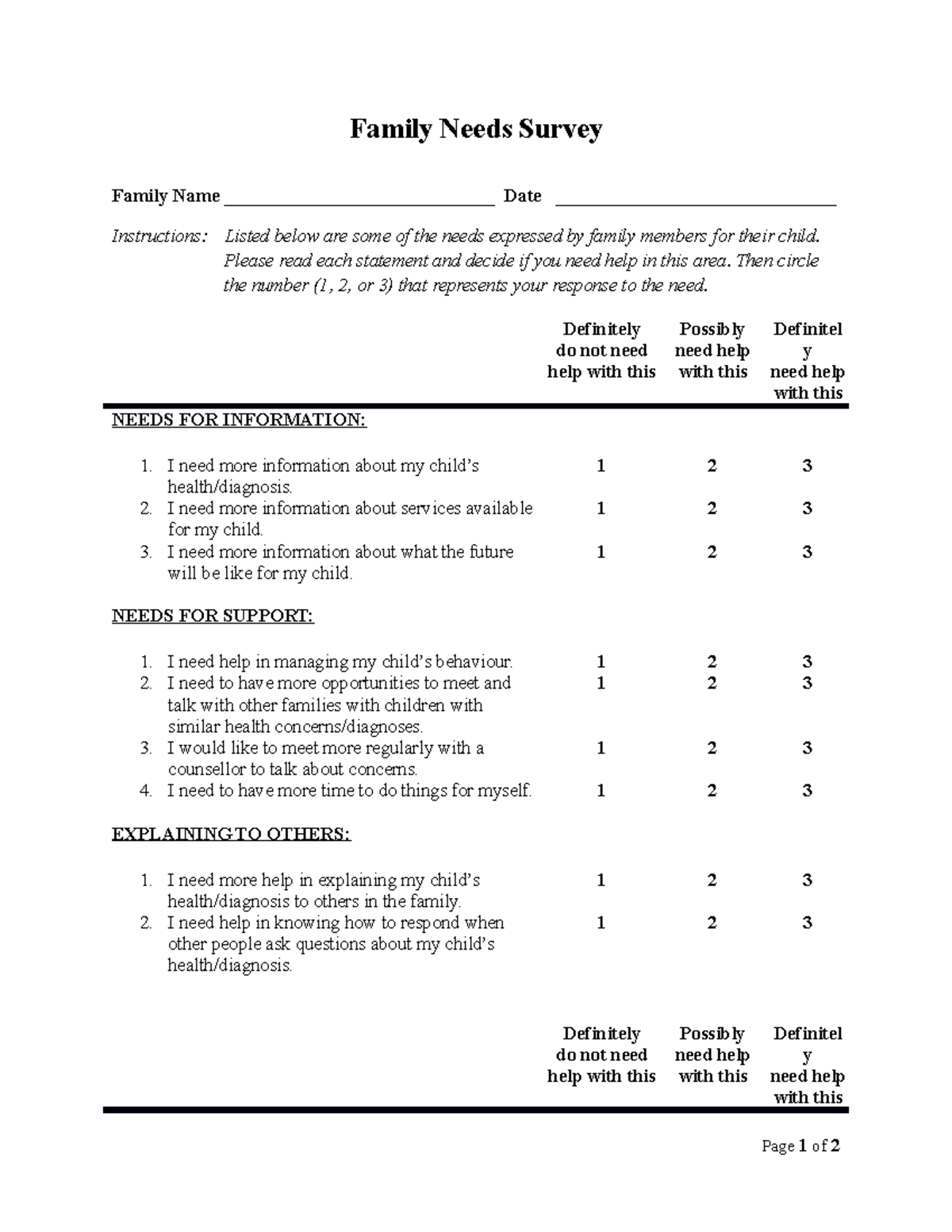 Family+Needs+Survey - NOTES - Family Needs Survey Family Name
