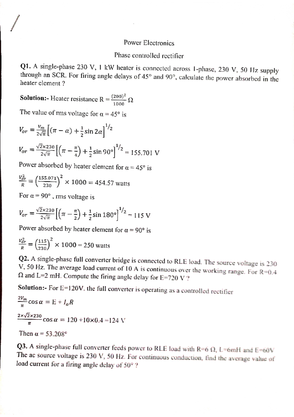 PE Numerical 1 for sums - Power Electronics Phase controlled rectifier Q1. A 230 V, 1 kW heater ...