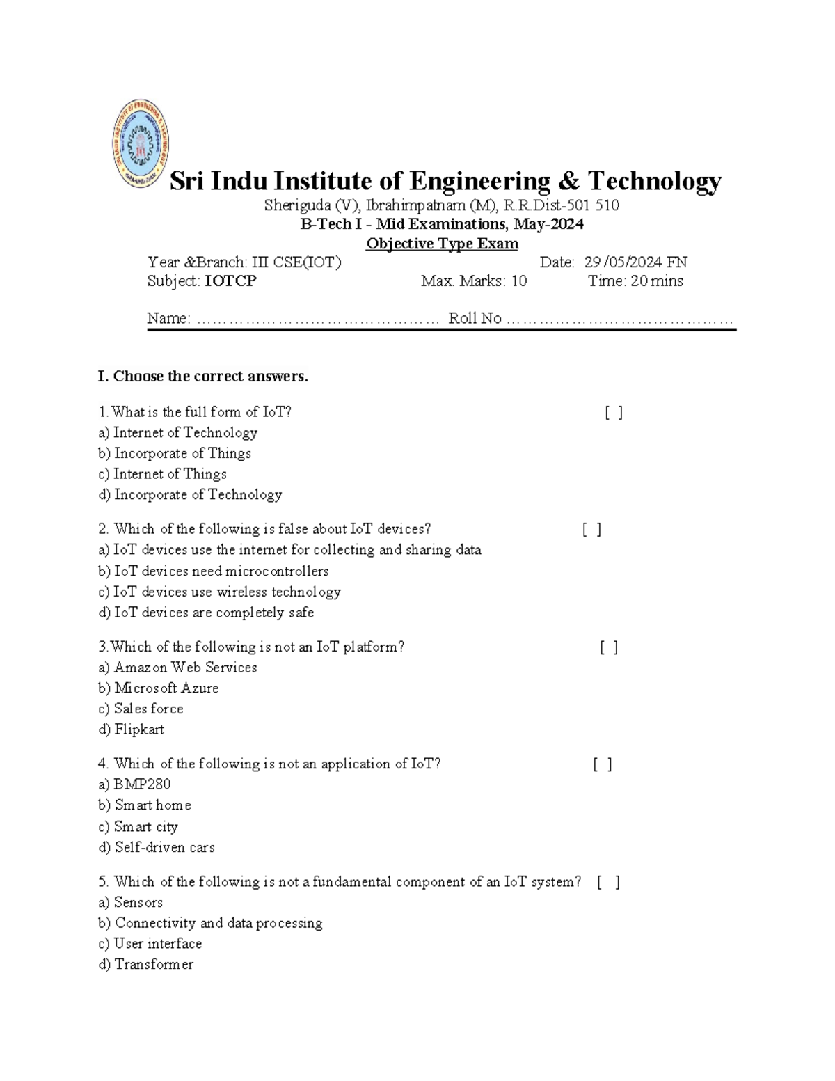 Iot cp mid 1 objective qp - Sri Indu Institute of Engineering & Technology Sheriguda (V), - Studocu