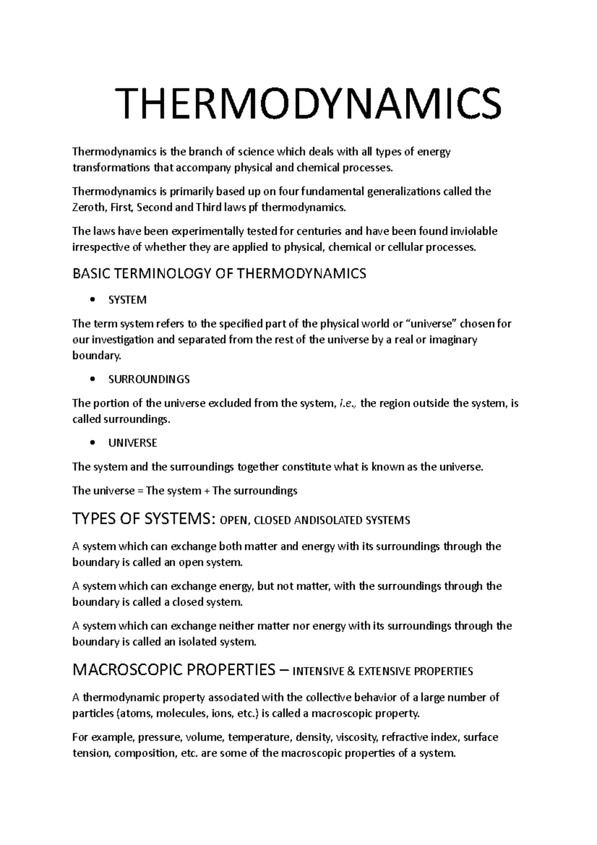 Thermodynamics - notes - THERMODYNAMICS Thermodynamics is the branch of ...