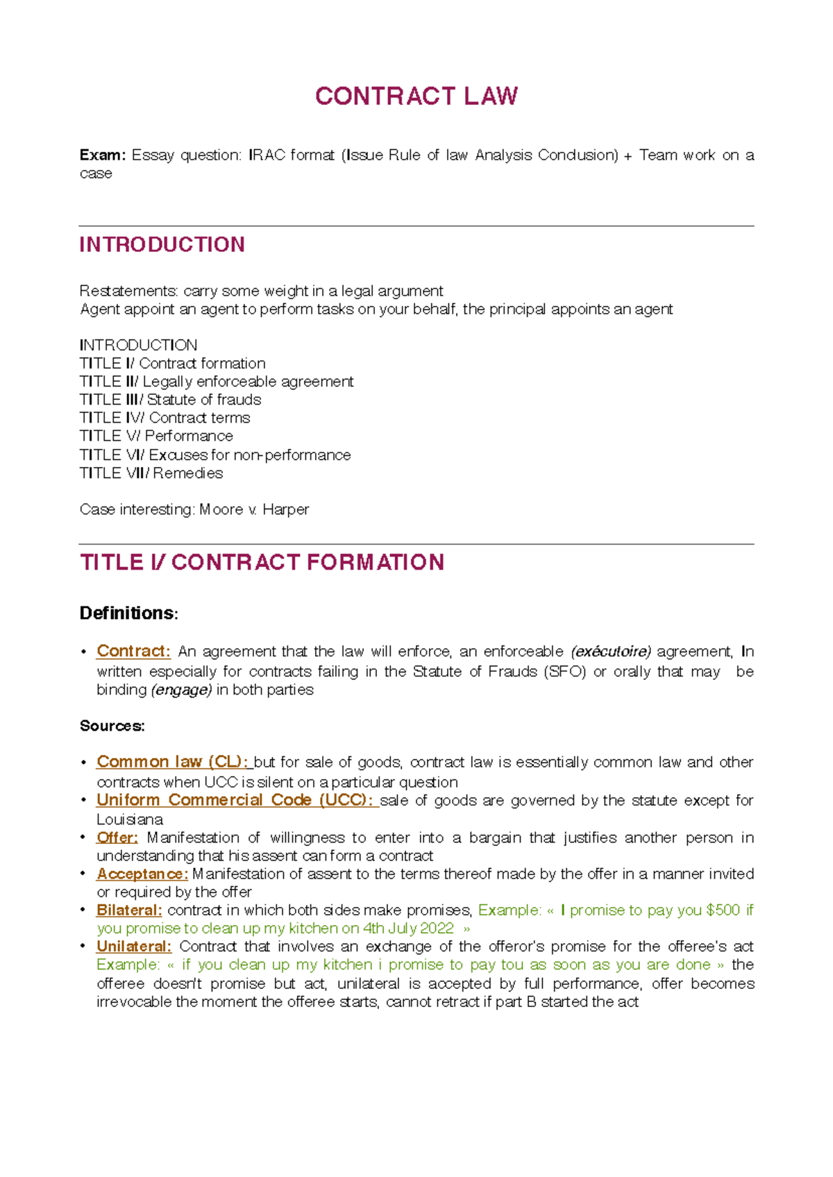 Contract law cours - CONTRACT LAW Exam: Essay question: IRAC format ...