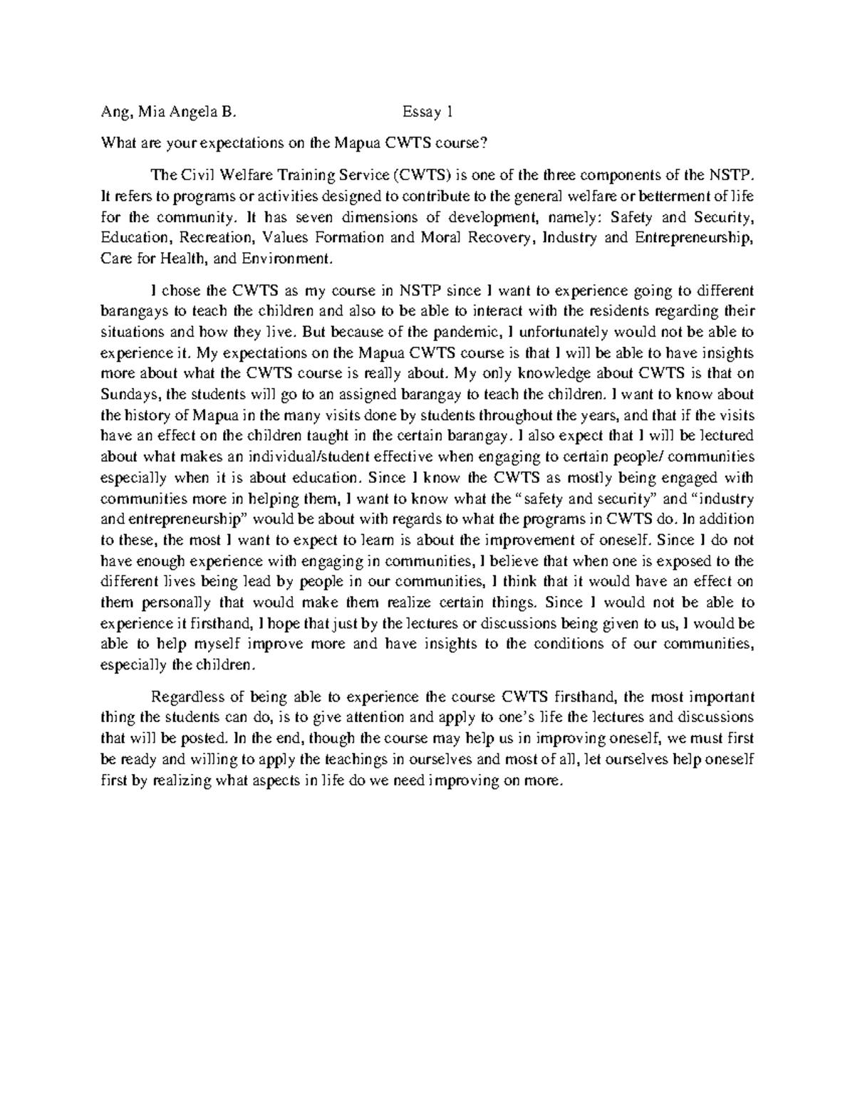 RE: Week 1 Discussion - Ang, Mia Angela B. Essay 1 What are your ...