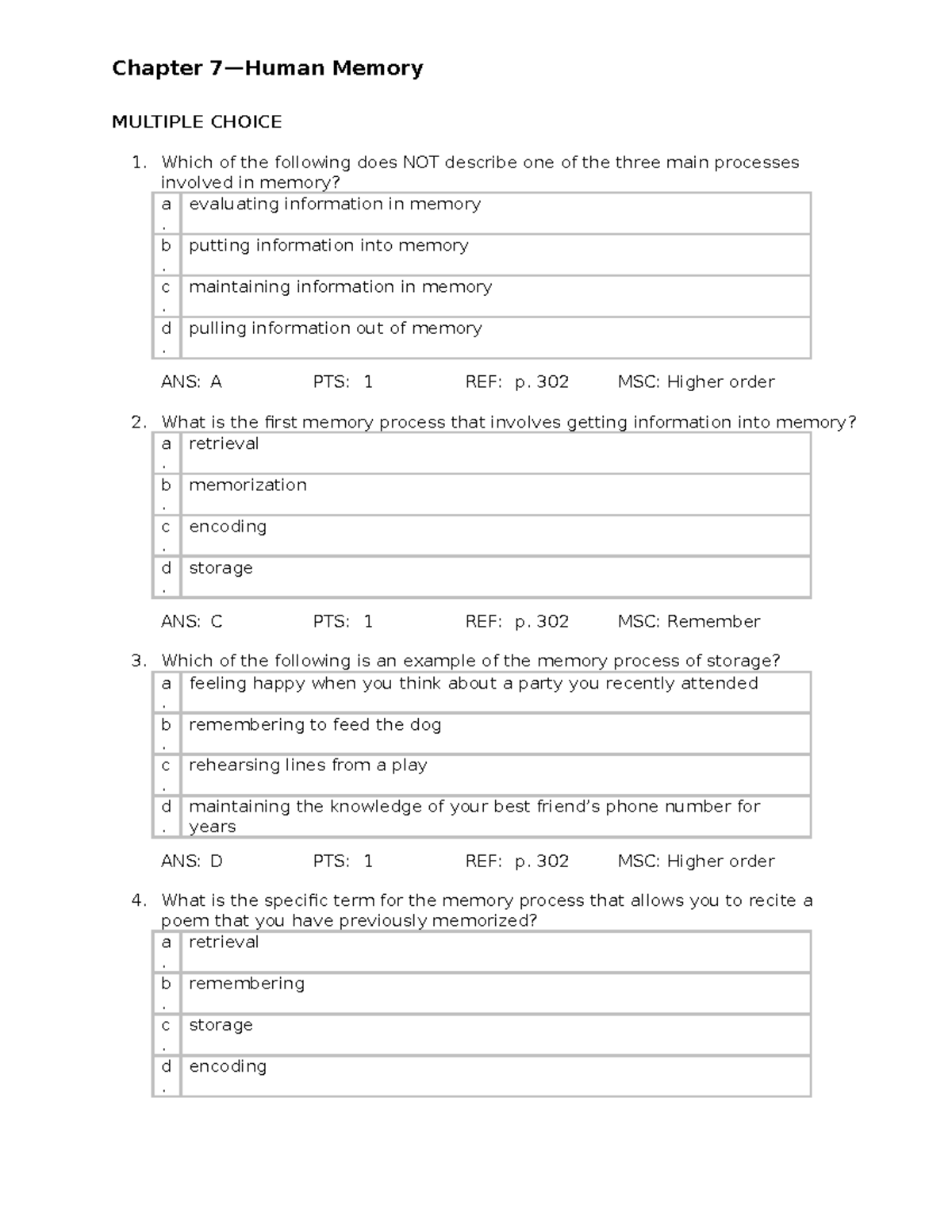 Unit 7 - Multiple choice mandatory assignment - Chapter 7—Human Memory ...