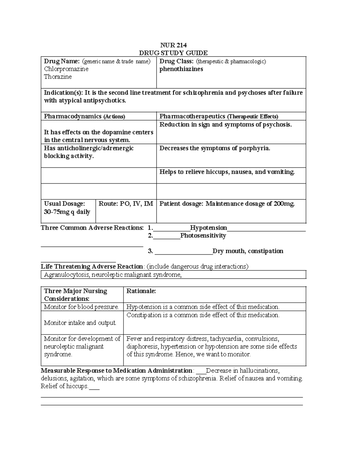 Chlorpromazine - Med card - NUR 214 DRUG STUDY GUIDE Drug Name ...