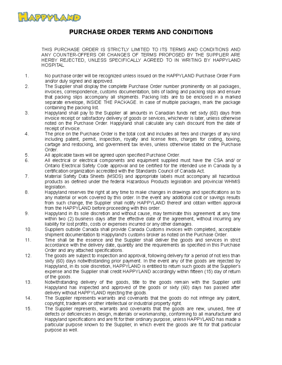 Happyland Purchase Order Terms AND Conditions - PURCHASE ORDER TERMS ...