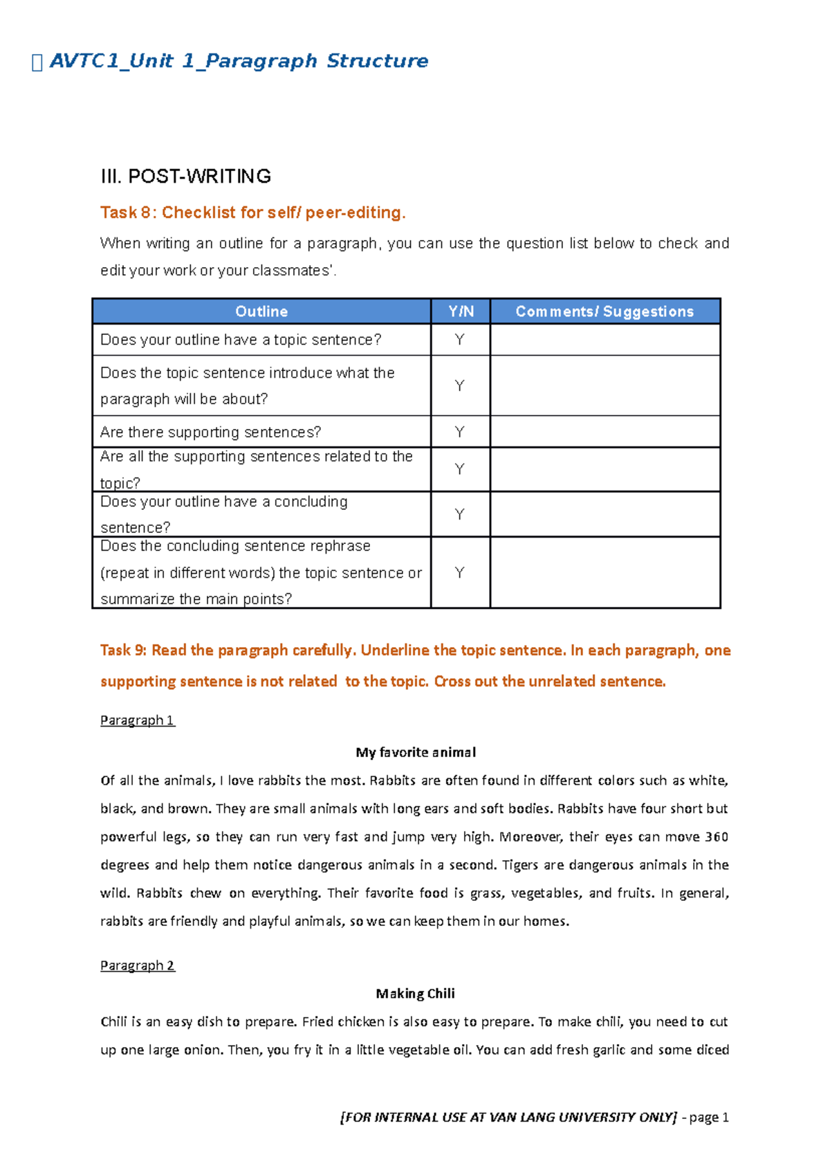 [Official] AVTC1 - Unit 1 - Paragraph Structure - After class - 🐀 AVTC1 ...