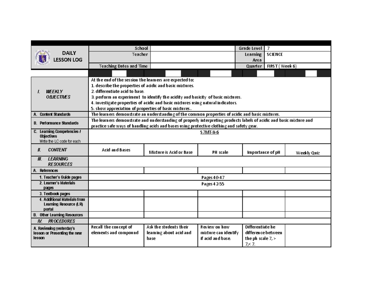 Dll science week 6 - none - DAILY LESSON LOG School Grade Level 7 ...