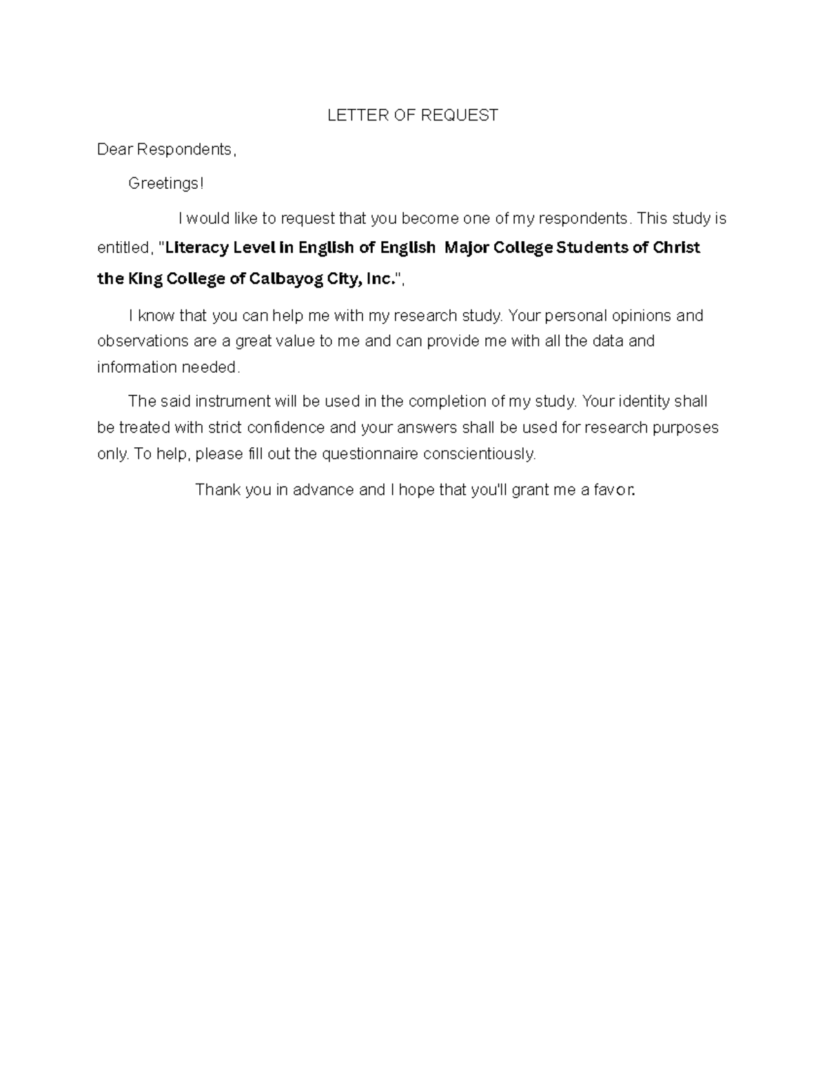 Letter OF Request - N/A - LETTER OF REQUEST Dear Respondents, Greetings ...
