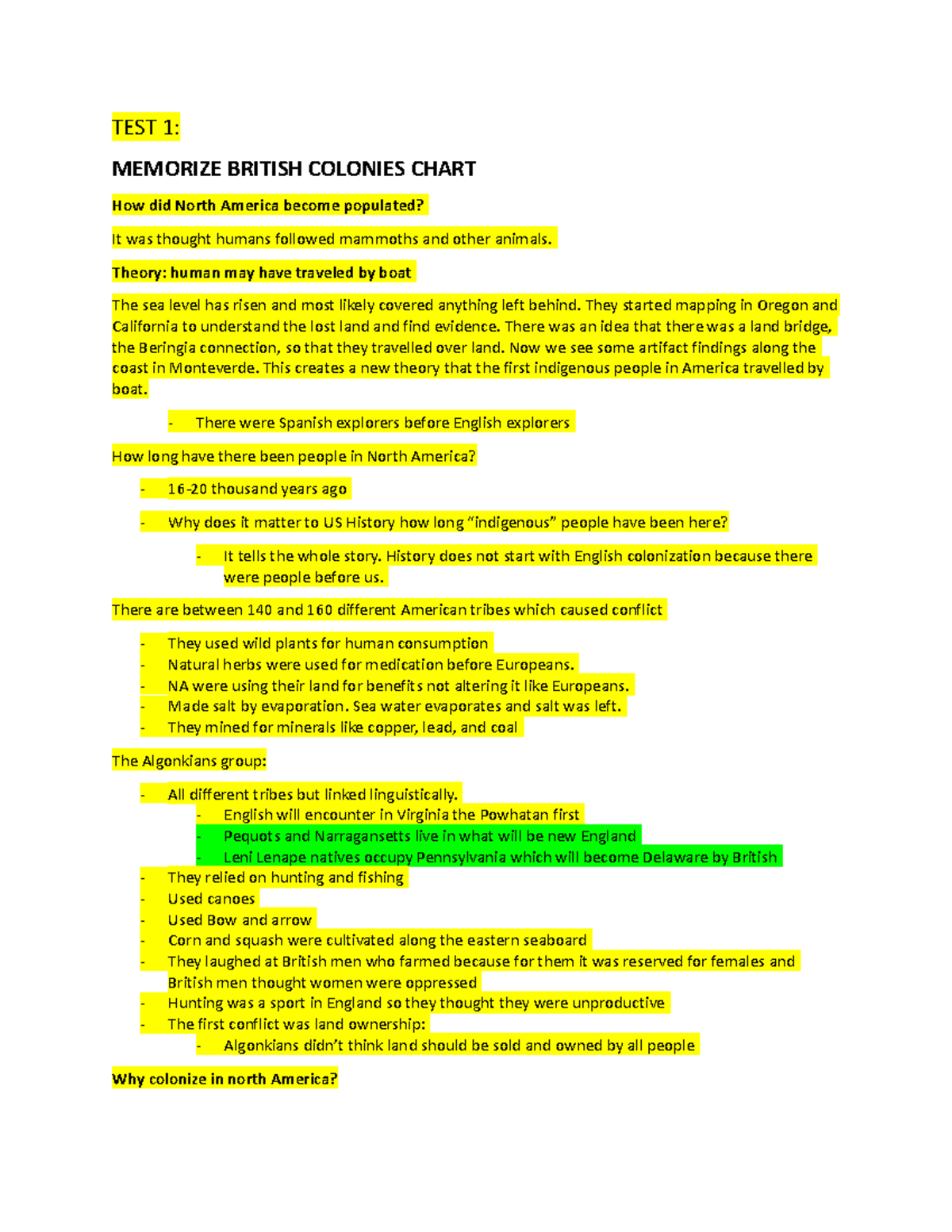 US History TEST LAP 1 - TEST 1: MEMORIZE BRITISH COLONIES CHART How did ...