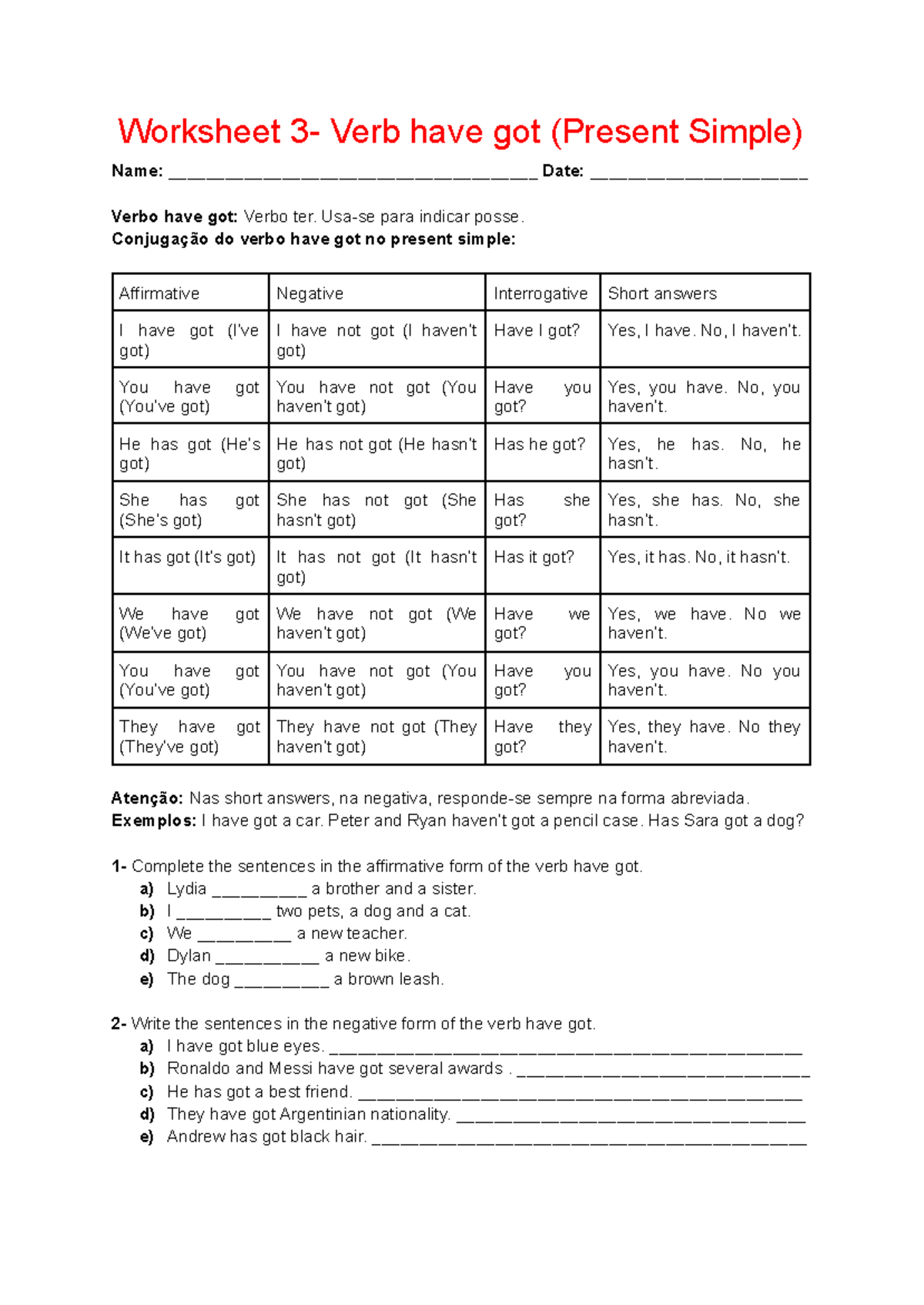 Worksheet 3- Verb have got (Present Simple) - Usa-se para indicar posse ...