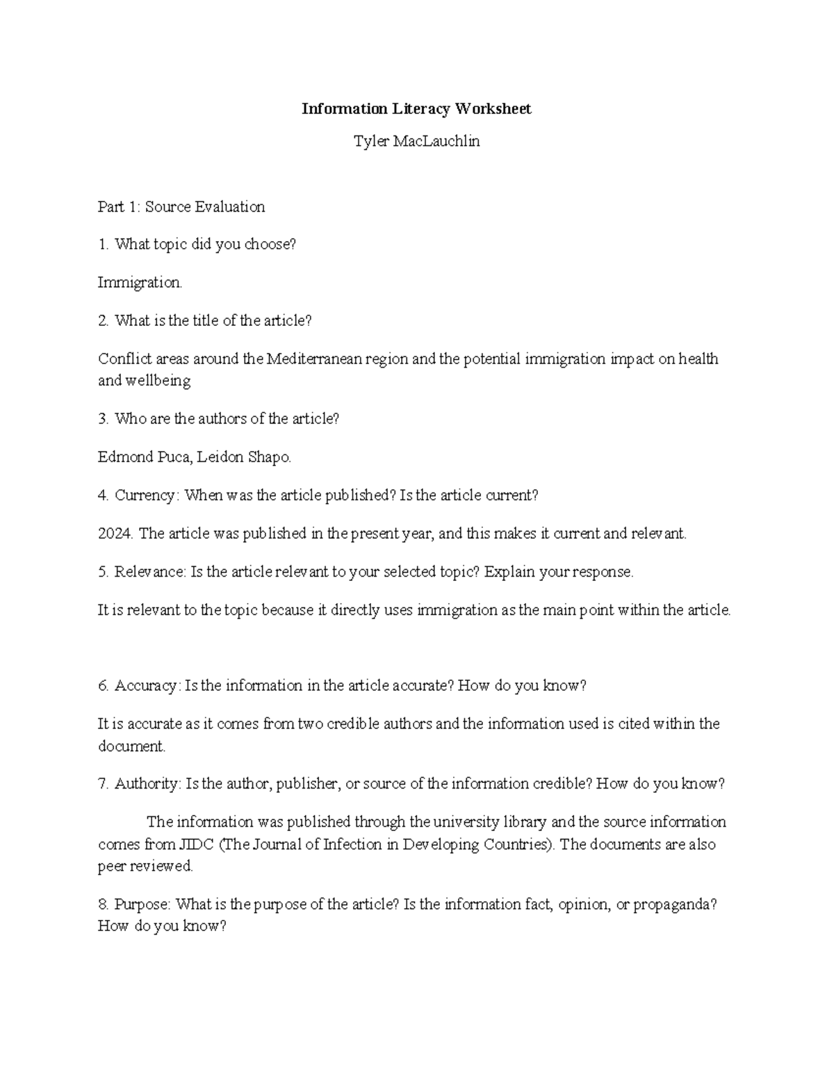 Information Literacy Worksheet - What is the title of the article ...