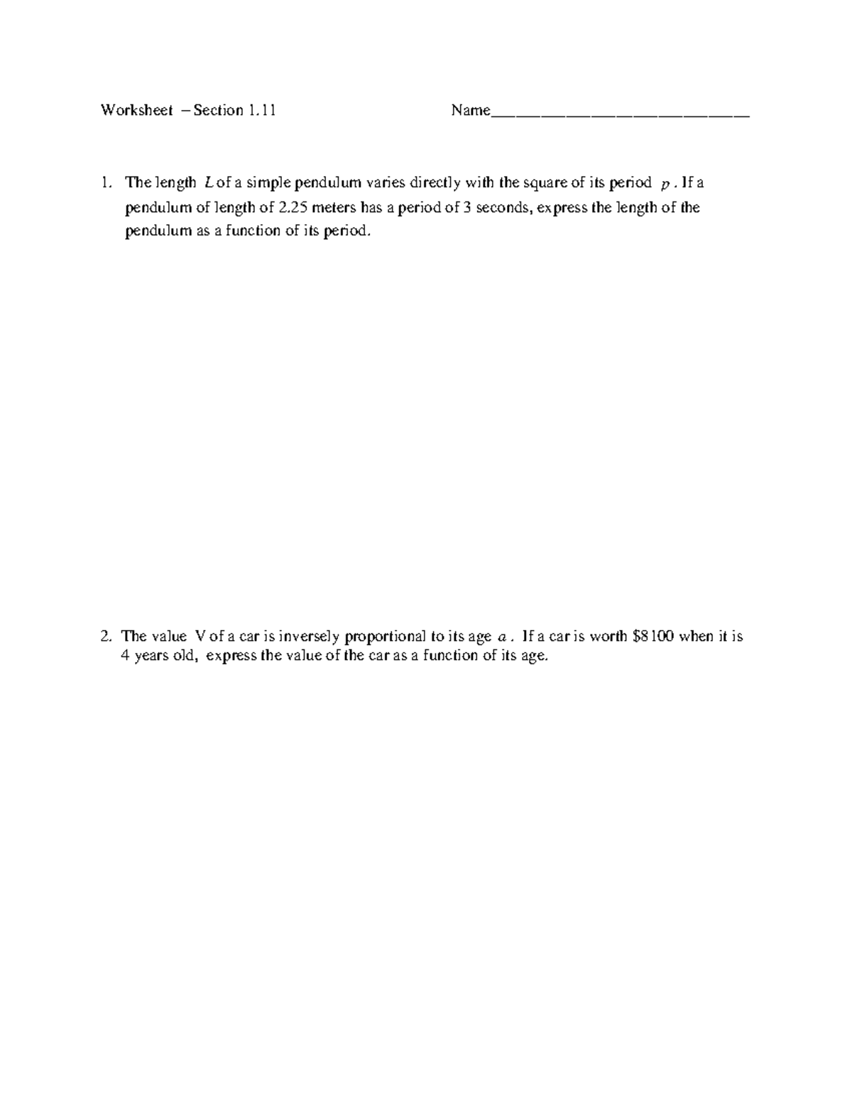 WS 4 (1 - Worksheet 4 - Worksheet Section 1 1. The length L of a simple ...
