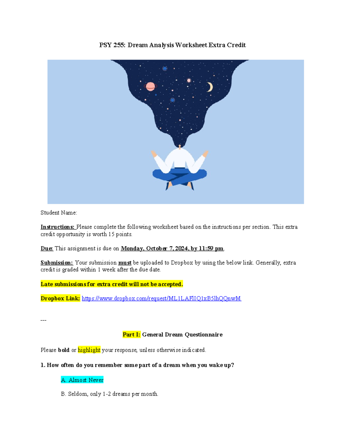 Dream Analysis Worksheet - This extra credit opportunity is worth 15 ...