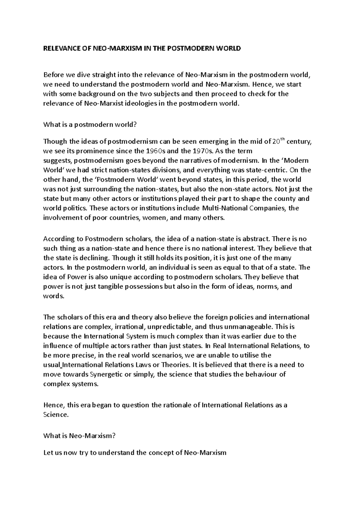 Relevance of Neo-Marxism in the Postmodern World - Bournemouth - Studocu