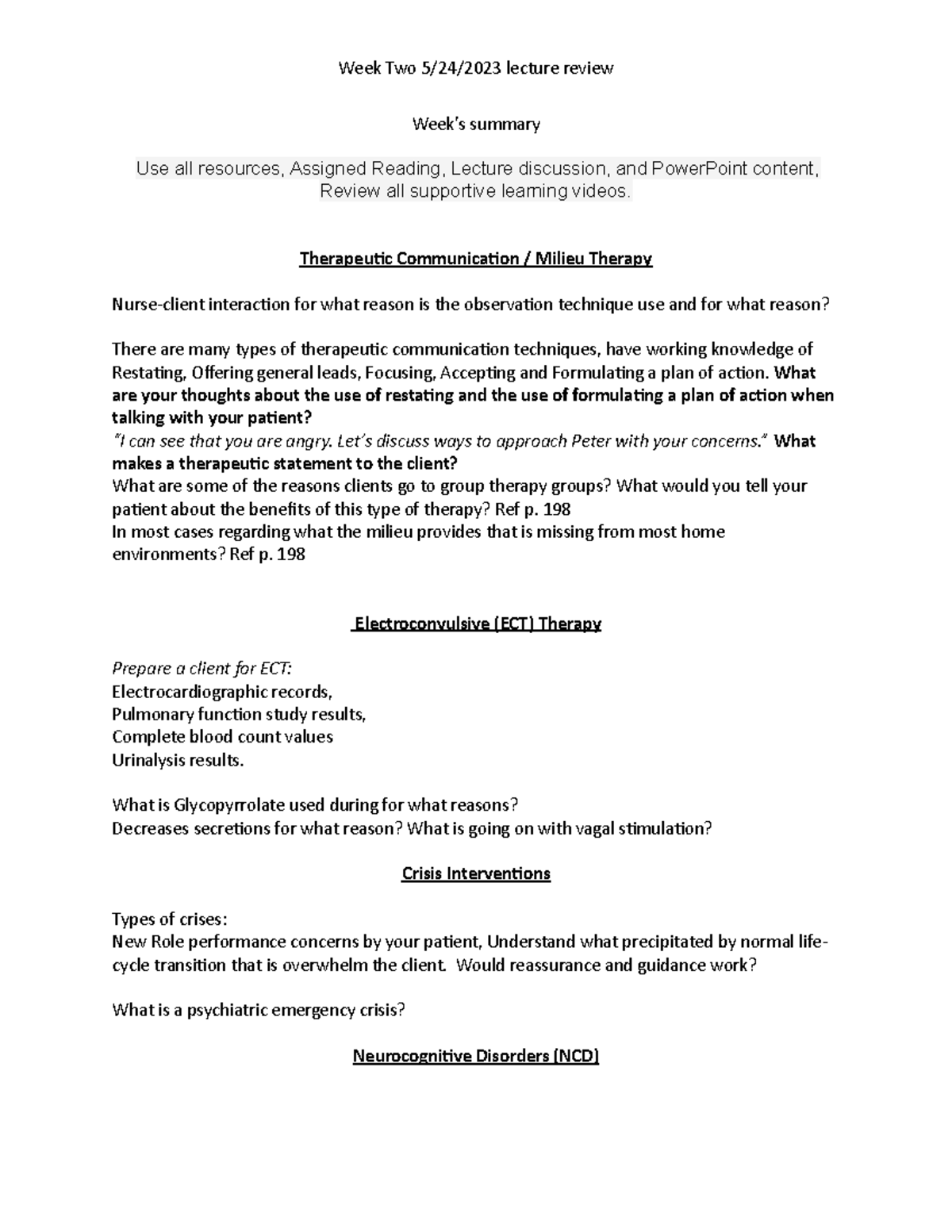 Week 2 Lecture Summary Week Two 5242023 Lecture Review Weeks Summary Use All Resources