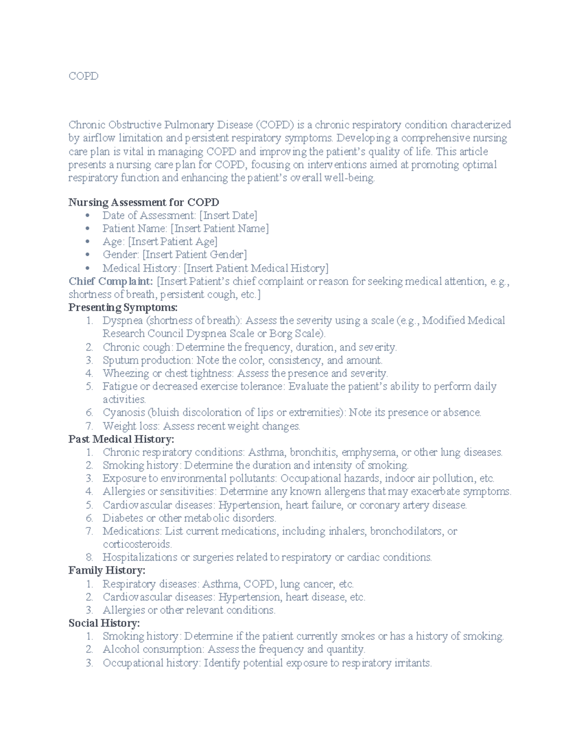 COPD - NURSING ASSESSMENT - COPD Chronic Obstructive Pulmonary Disease ...