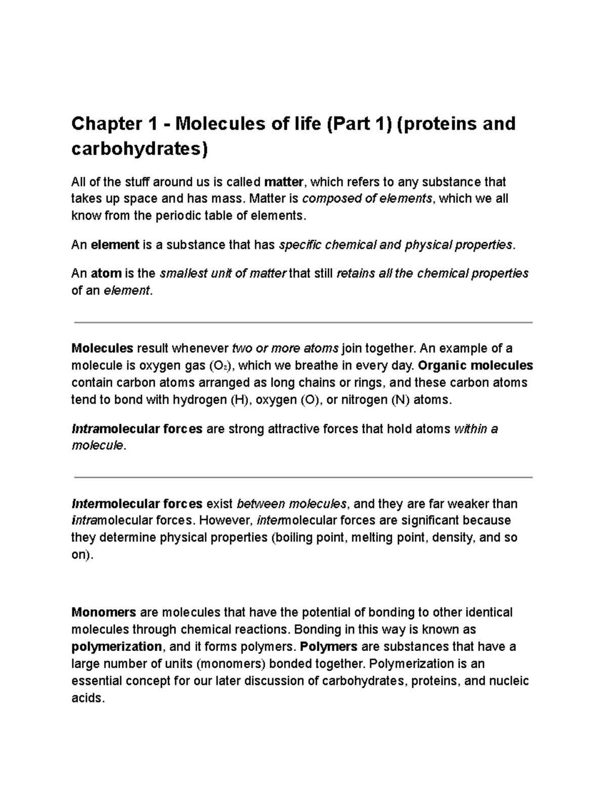 Chapter 1 - Molecules of life (Part 1) (proteins and carbohydrates ...