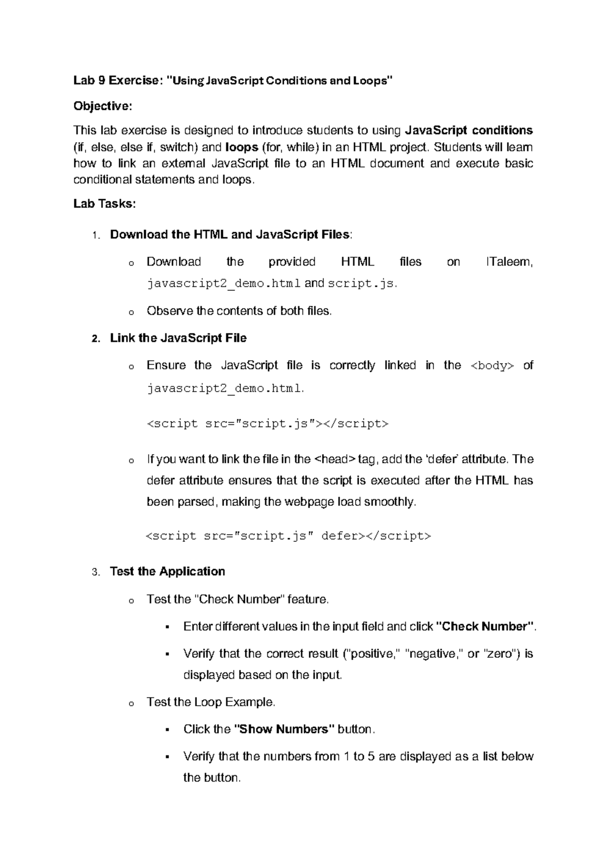 Lab 9 Exercise - Java Script Conditions and Loops - Lab 9 Exercise ...