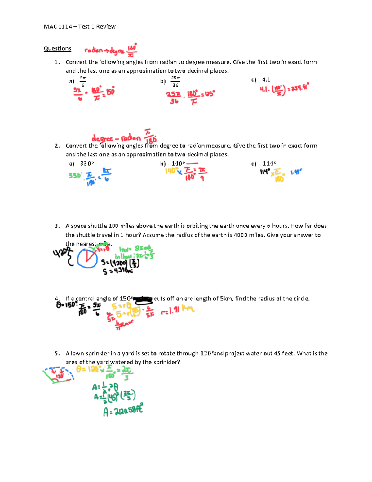 MAC 1114 Test 1 Review Spring 2021 - MAC 1114 – Test 1 Review Questions ...