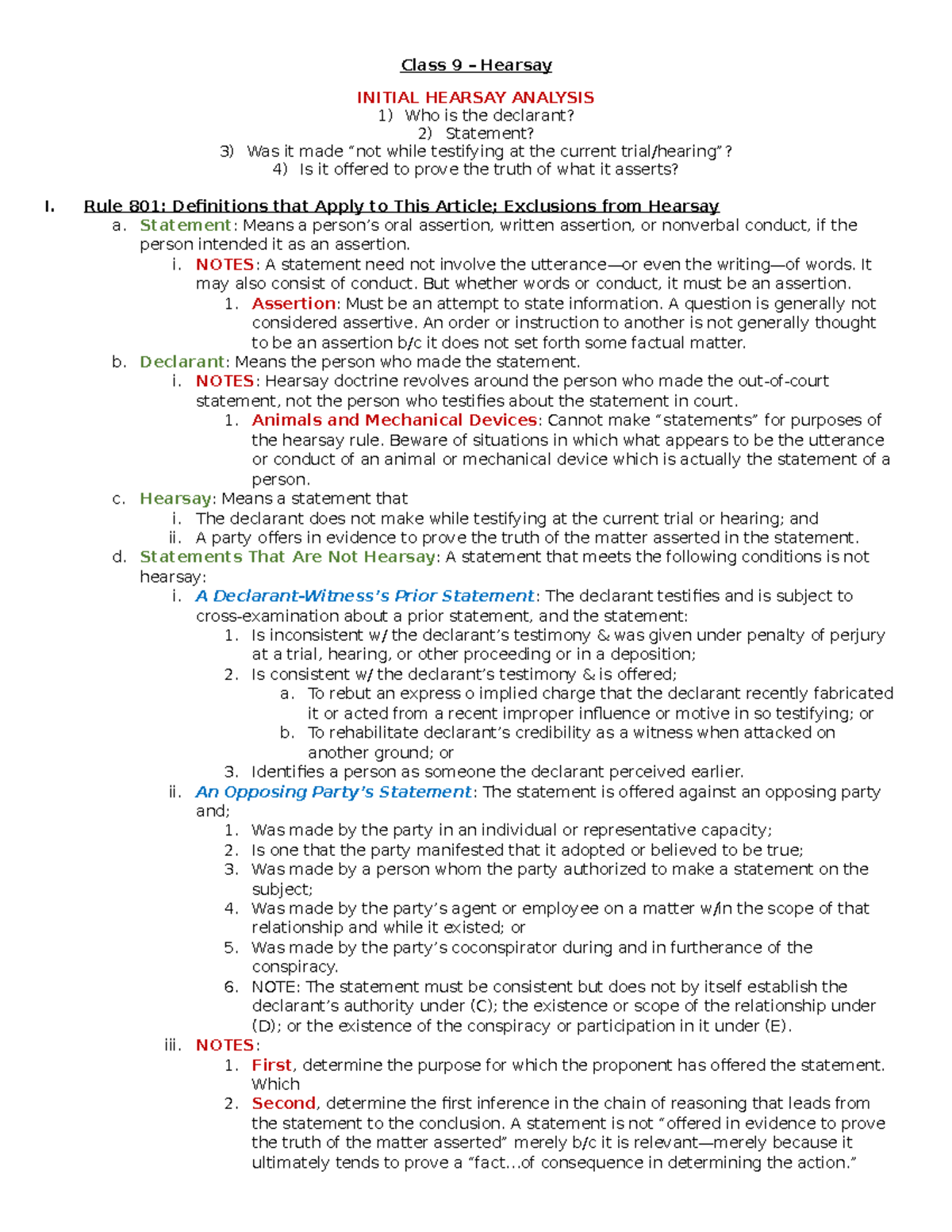 Class 9 - Hearsay - Lecture notes 9 - Class 9 – Hearsay INITIAL HEARSAY ...