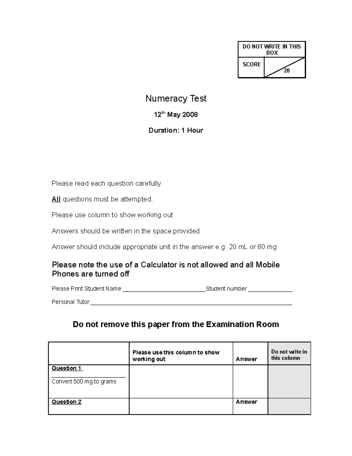 Drug Prescription Exam Questions - Numeracy Test 12 th May 2008 ...
