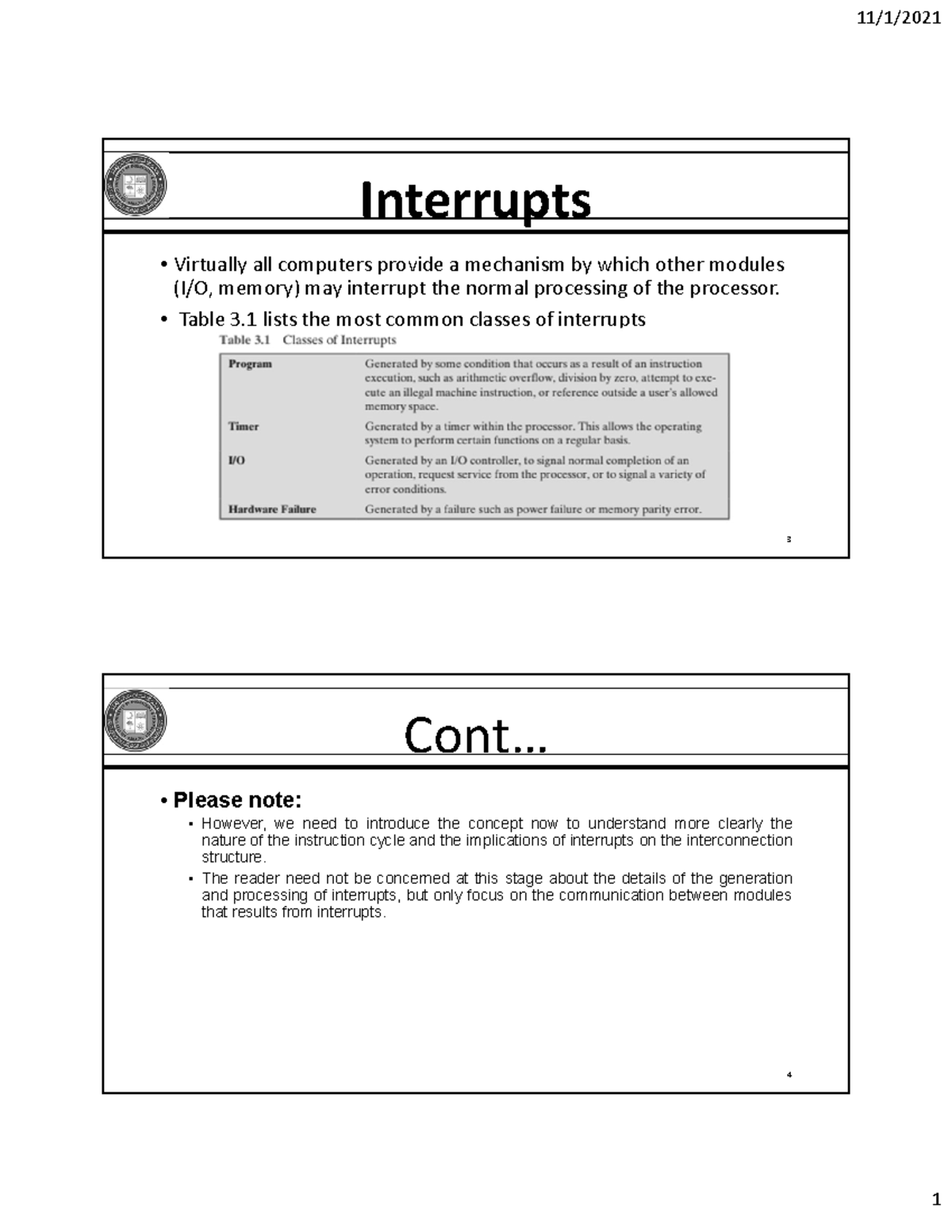 Lecture 3 - a- Interrupts • Virtually all computers provide a mechanism ...