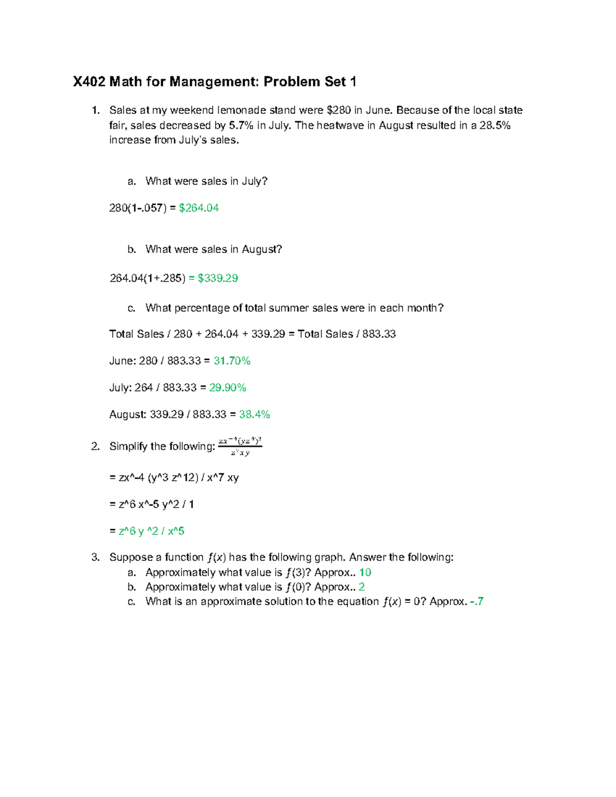Module 1Problem Set - X402 Math for Management: Problem Set 1 Sales at ...
