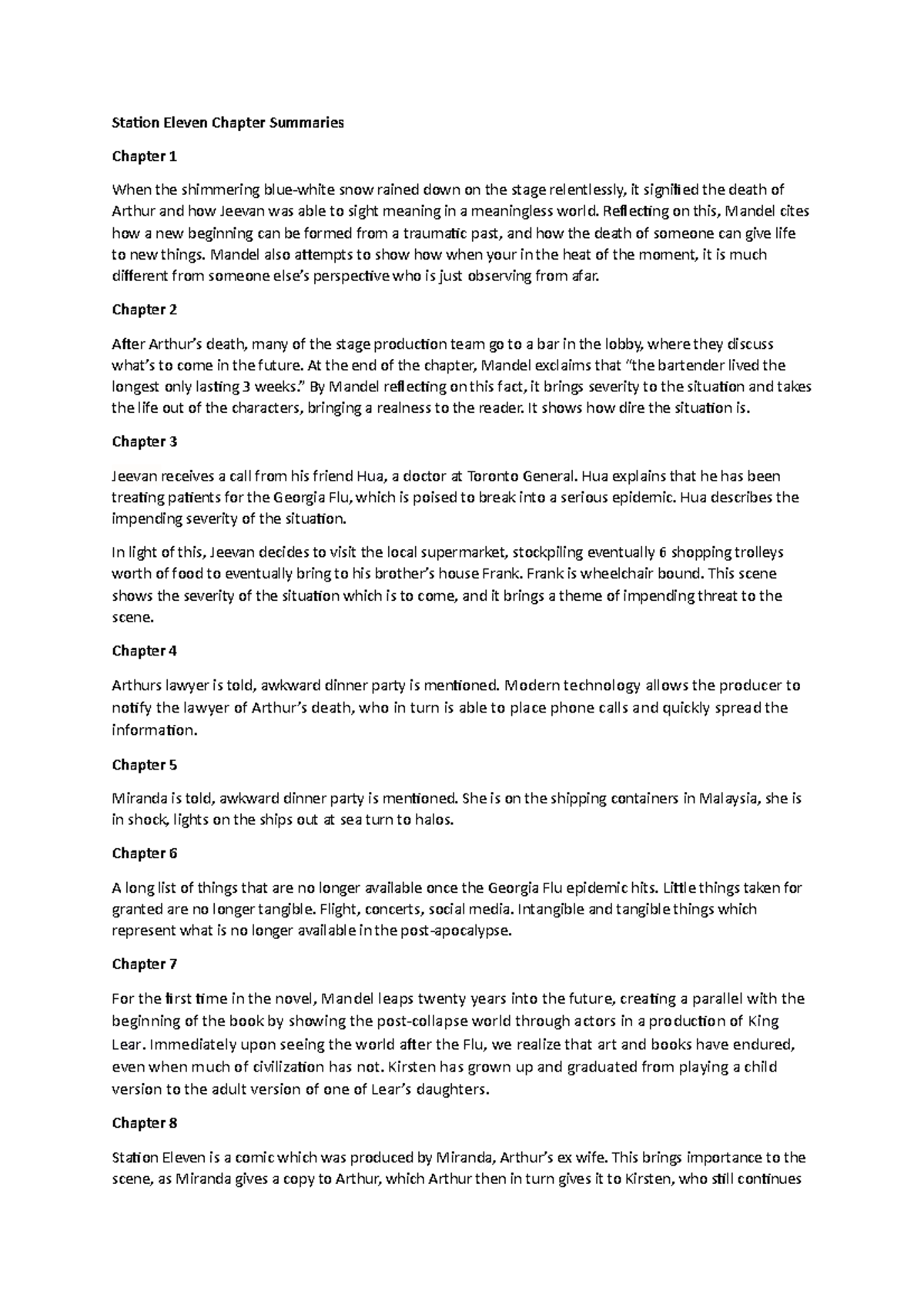 Chapter Summaries Station Eleven - Caulfield GS - Studocu