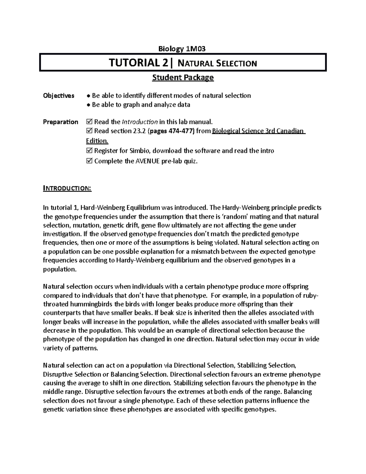 Tutorial 2 Student Guide - Natural Selection -FALL 2020 - Biology 1M ...
