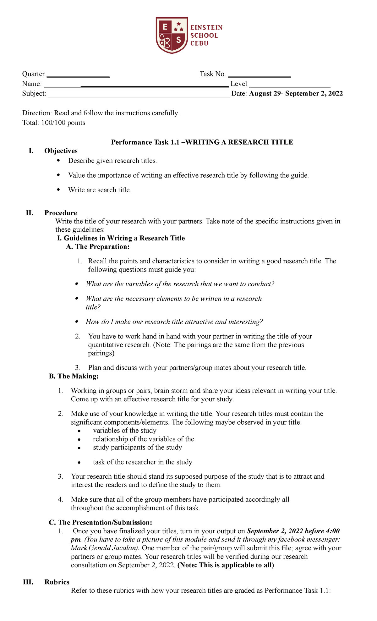Practical Research 2 Performance Task 1 - Quarter ...