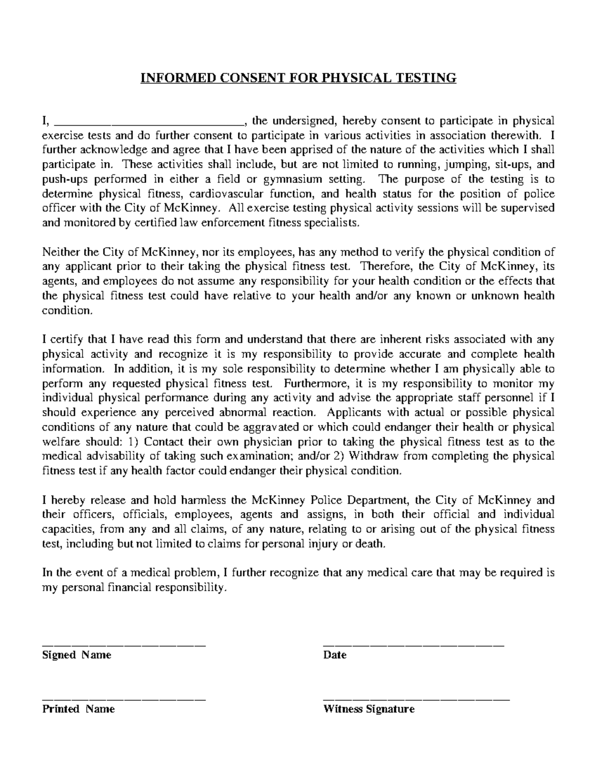 PT Consent form - INFORMED CONSENT FOR PHYSICAL TESTING I