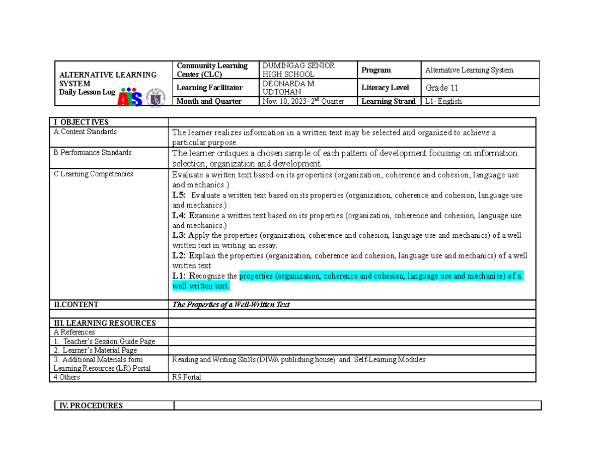 (LS 1 English, from the Division of Zamboanga del Sur - ALTERNATIVE ...