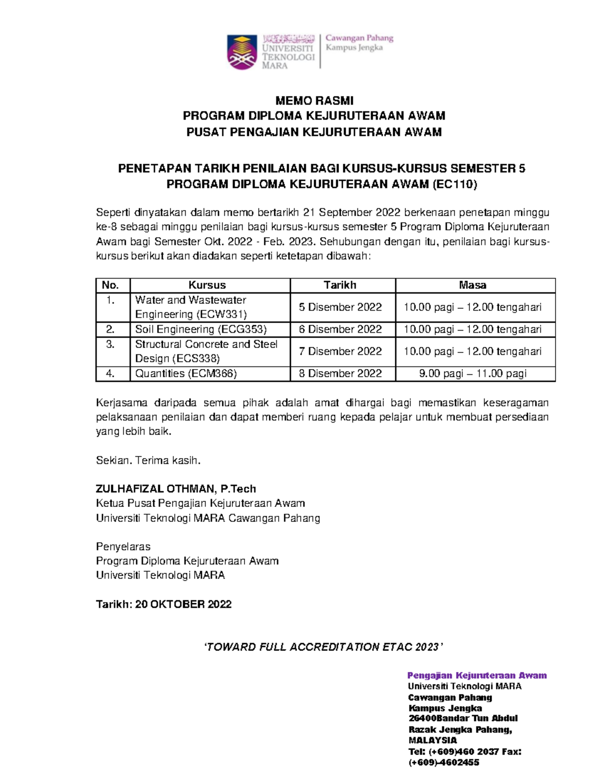 MEMO - Penetapan Tarikh Penilaian Kursus Semester 5 Updated - MEMO ...