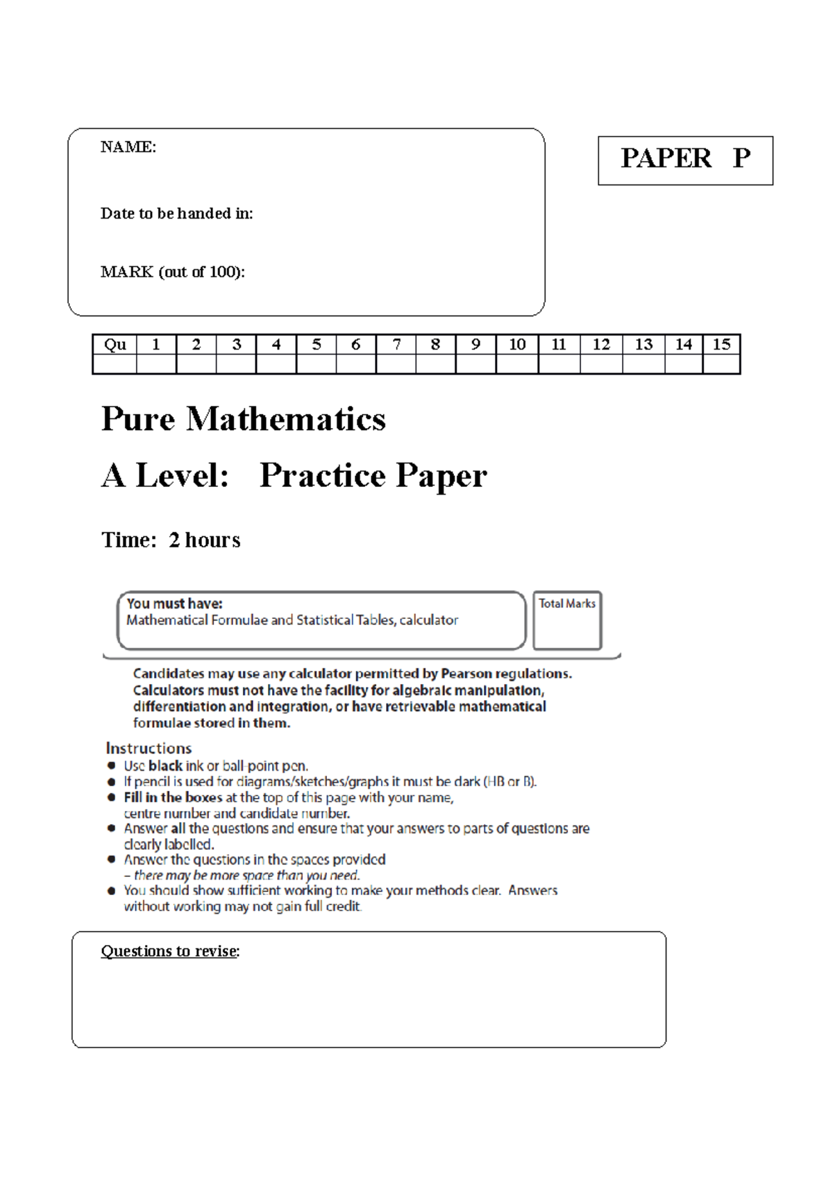 16a a level mathematics practice paper p – pure mathematics - NAME ...