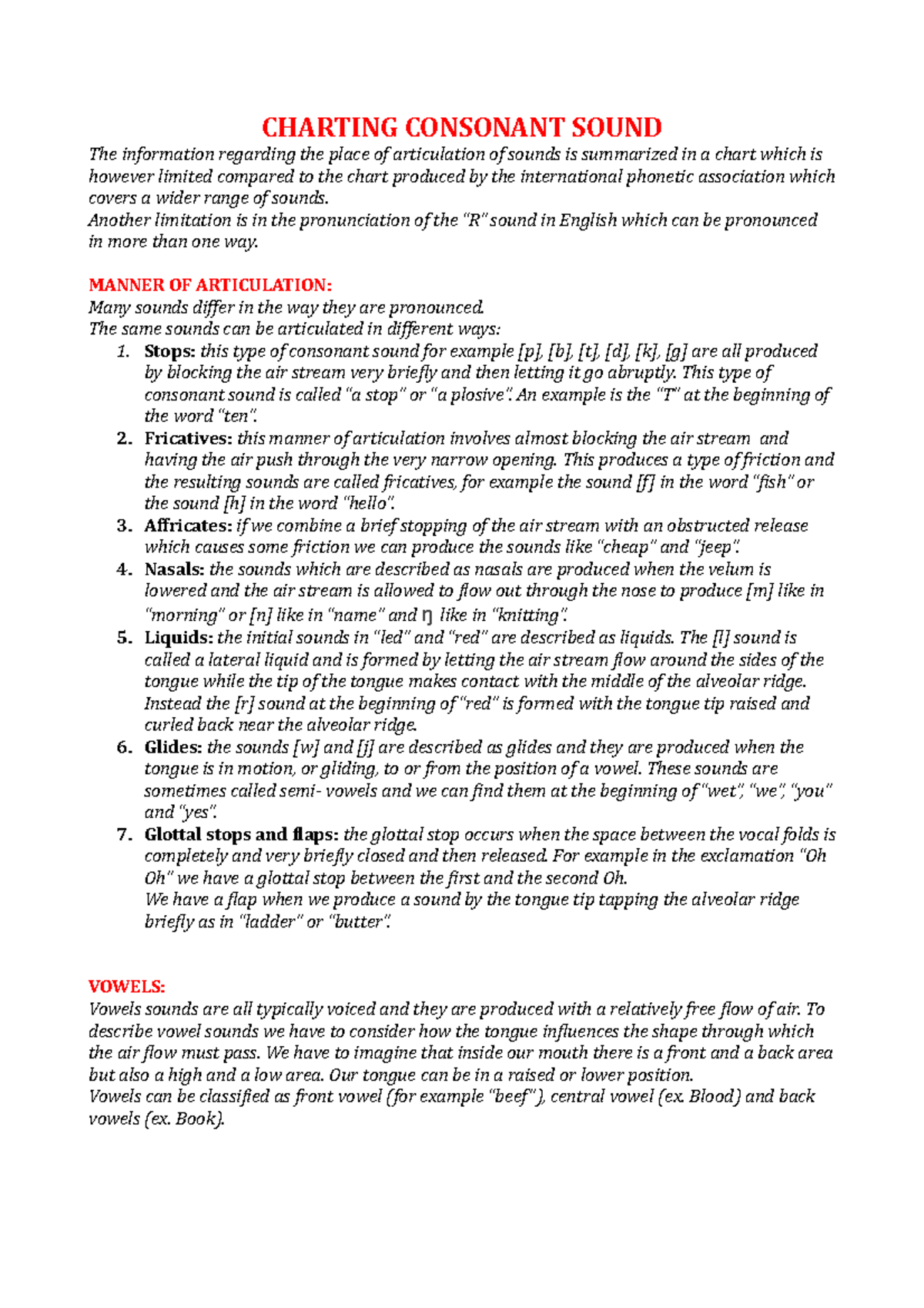 Charting Consonant Sound - CHARTING CONSONANT SOUND The information ...