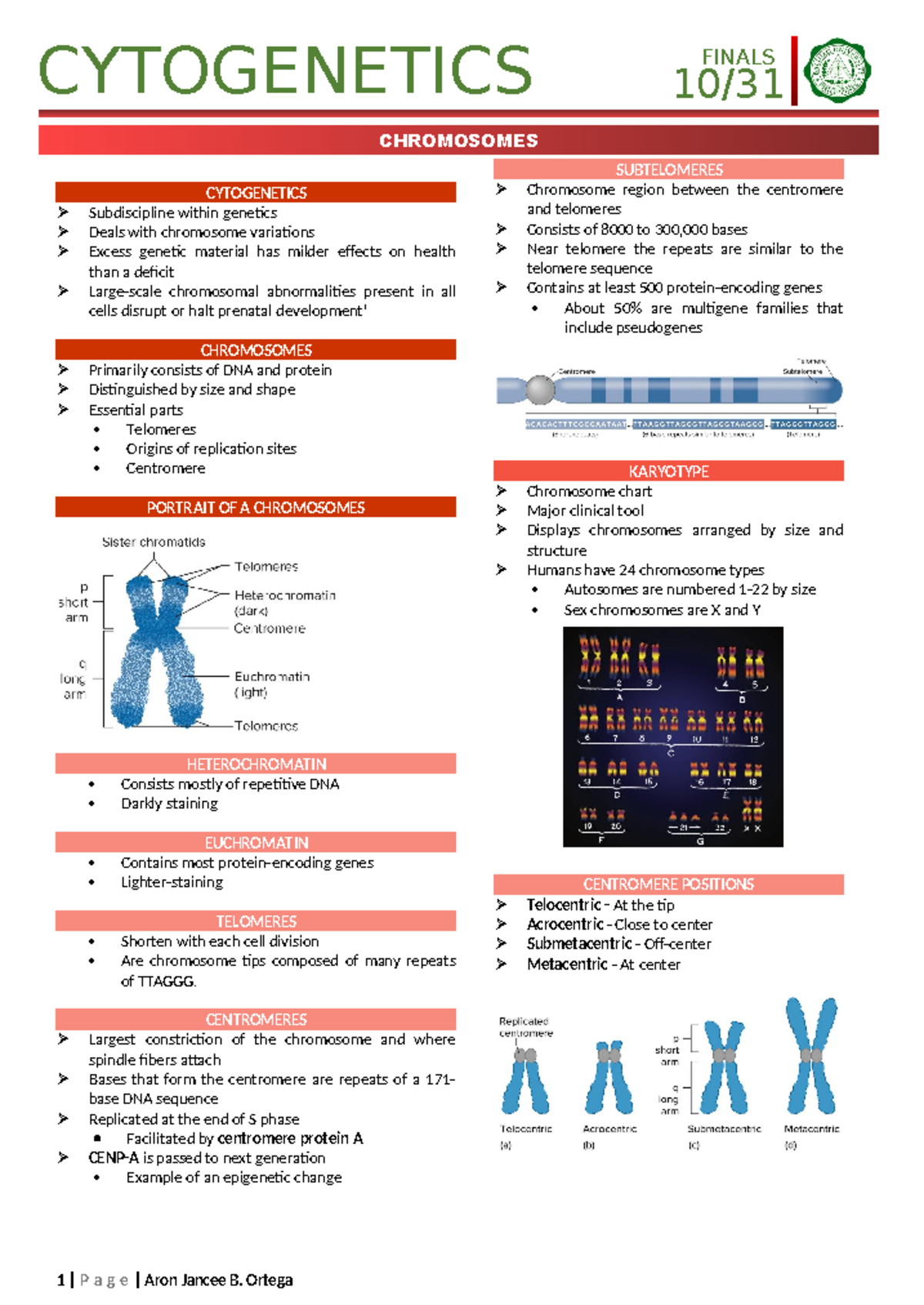Lesson #4 - Chromosomes - CYTOGENETICS 10/ CYTOGENETICS Subdiscipline ...