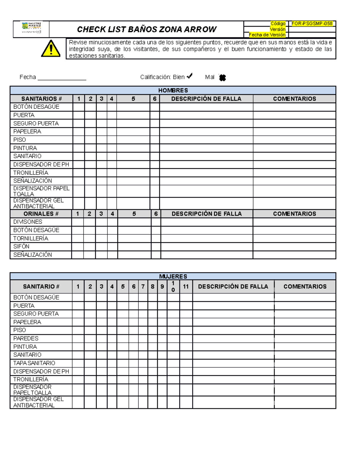 FOR- Psgsmp-058 Check list baños zona Arrow Borrador - CHECK LIST BAÑOS ...