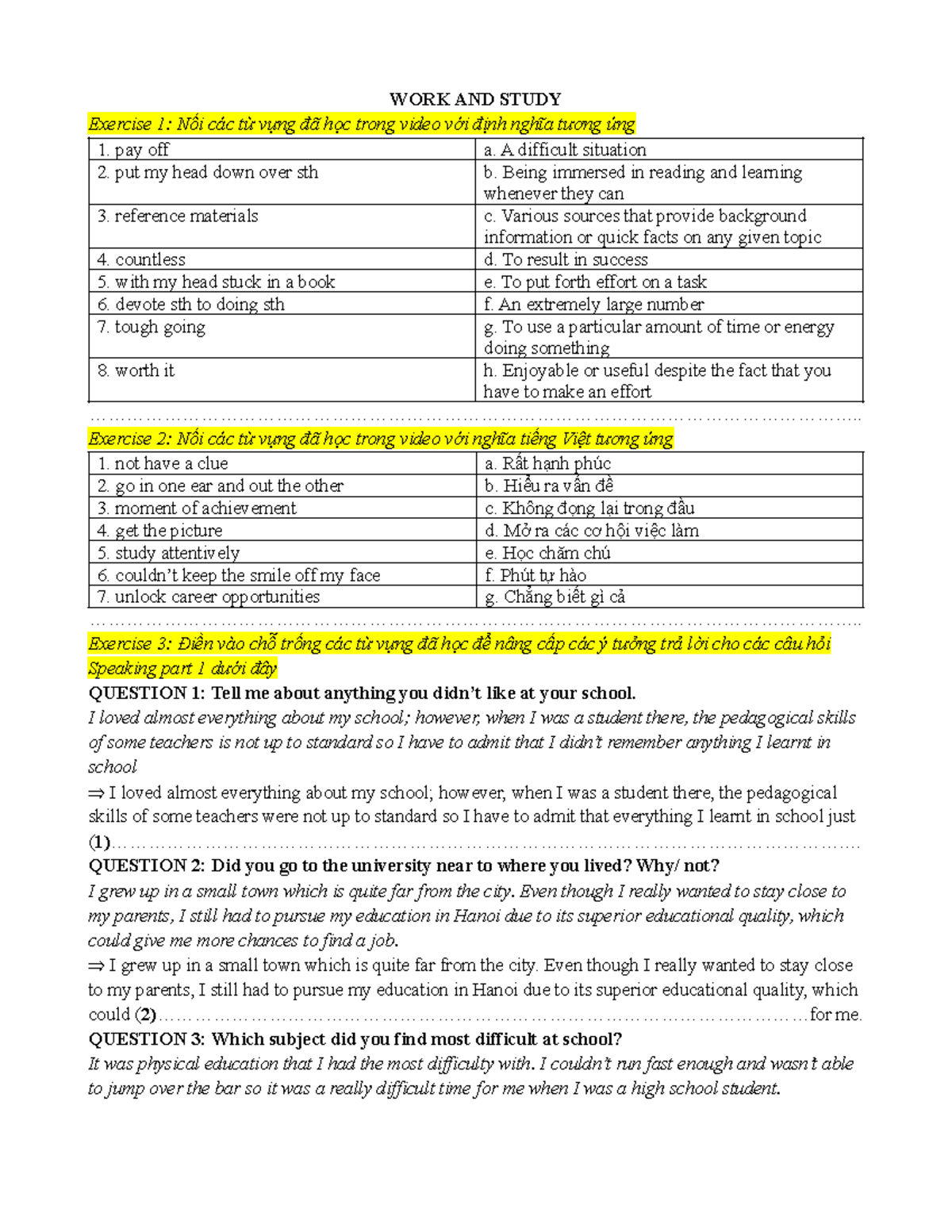 Speaking - WORK AND Study - WORK AND STUDY Exercise 1: Nối các từ vựng ...