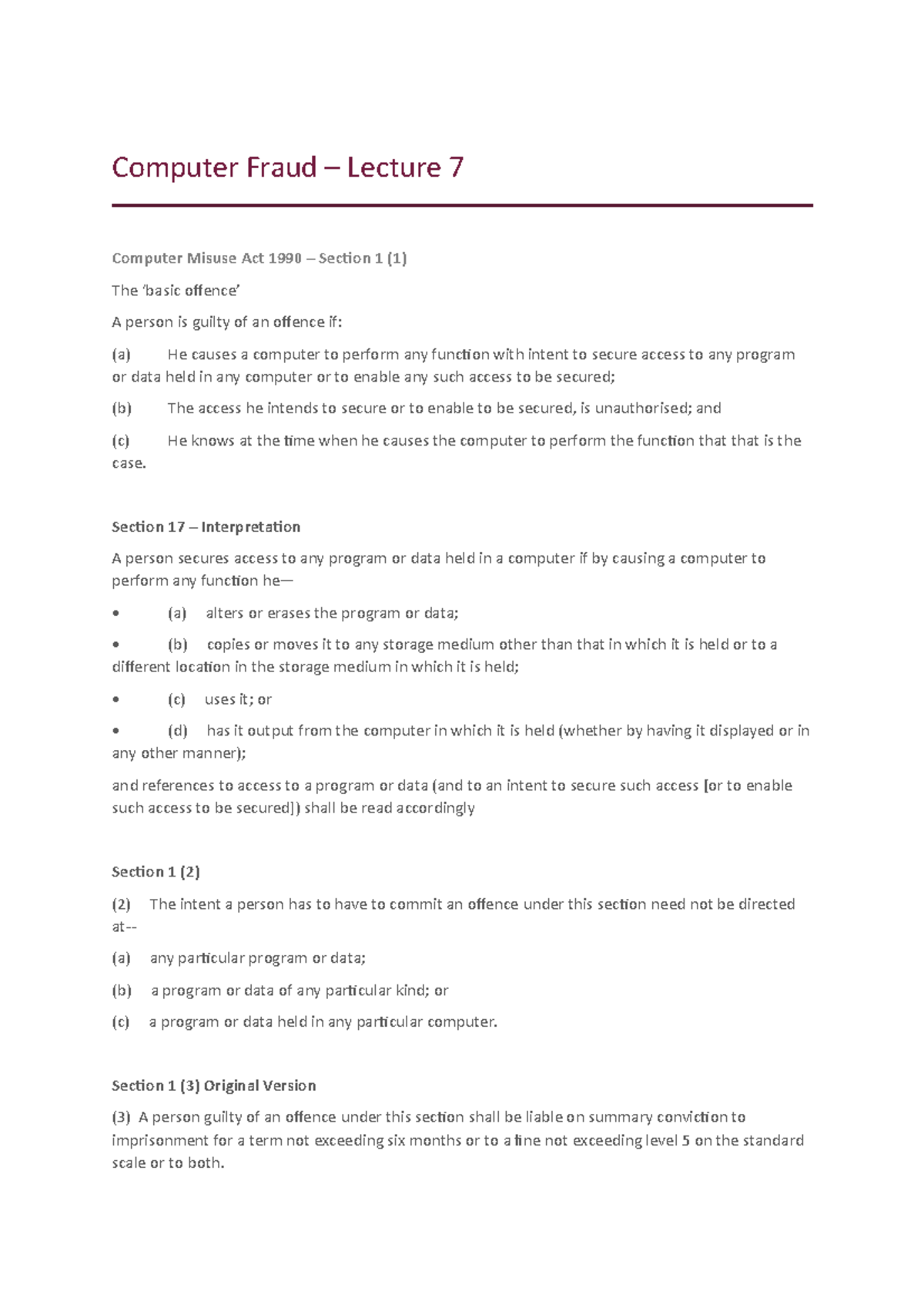 Computer Fraud (TECH7) - Computer Fraud – Lecture 7 Computer Misuse Act ...