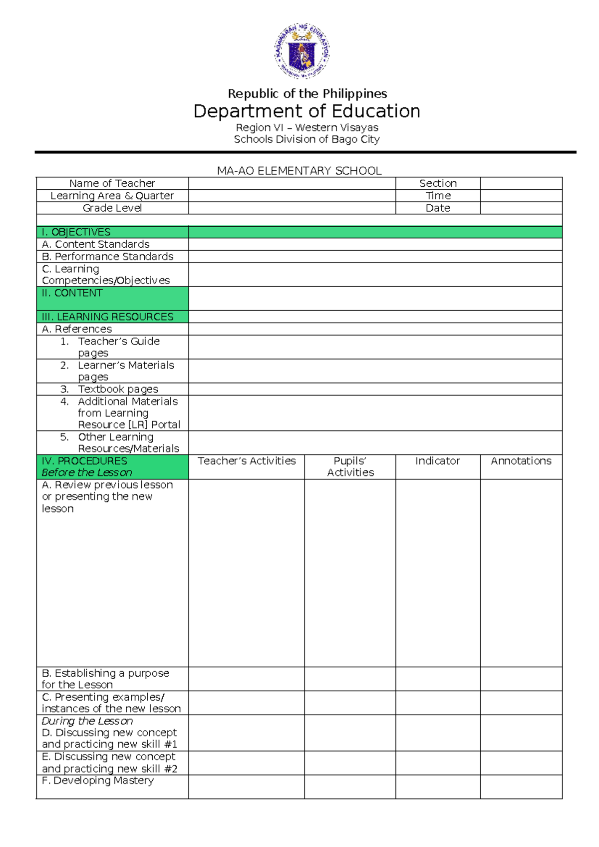 Lesson-Plan-RPMS-Template-2023-2024 - MA-AO ELEMENTARY SCHOOL Name of ...