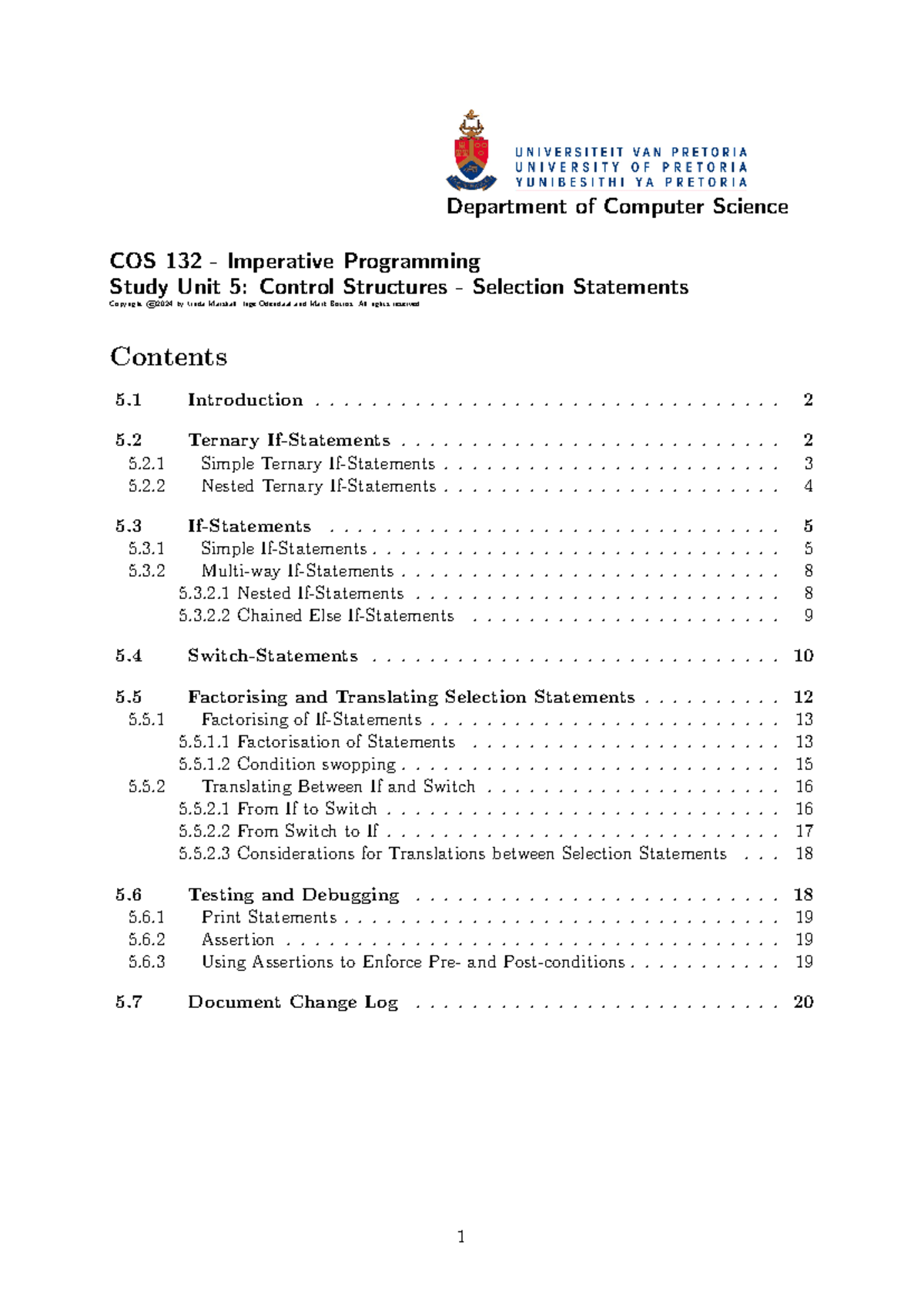 SU05 - Selection Statements - Department of Computer Science COS 132 - Imperative Programming ...