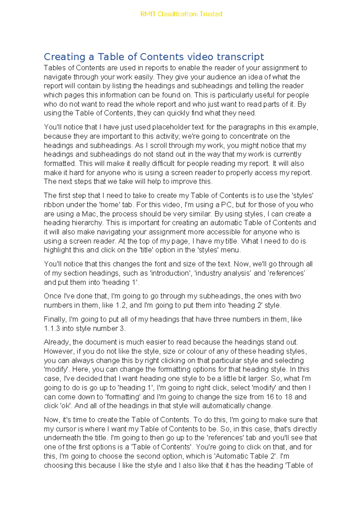 Creating a Table of Contents video transcript - RMIT Classification: Trusted Creating a Table of ...