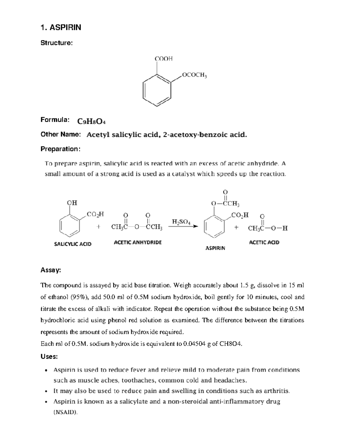 16 chap notes - organic compounds - 1. ASPIRIN Structure: Formula ...