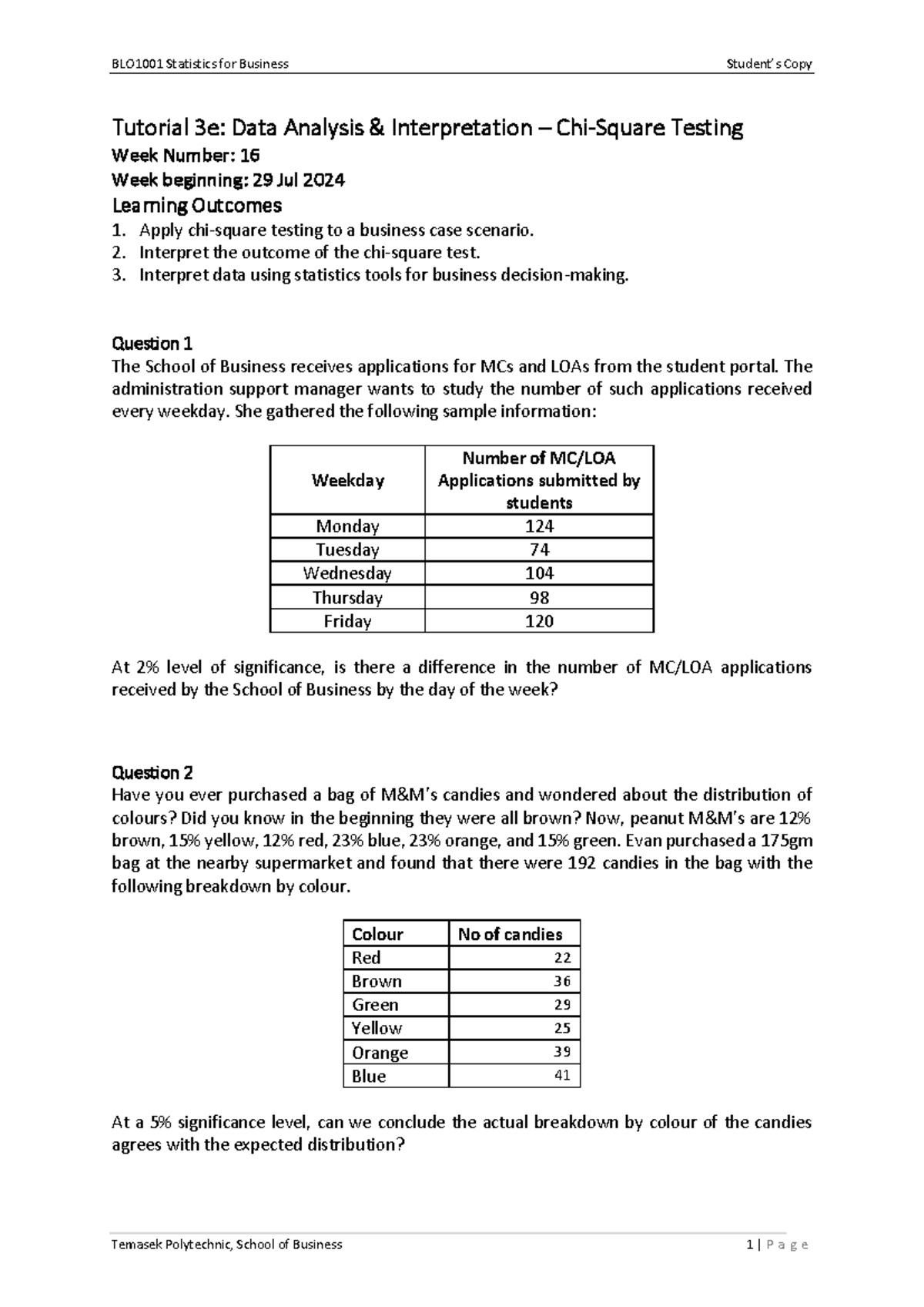 Topic 3e BLO1001 Tutorial Questions - BLO 1001 Statistics for Business ...